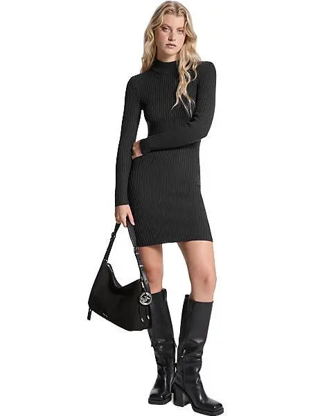 Michael Kors Ribbed Stretch Wool Mock Neck Mini Dress - Black