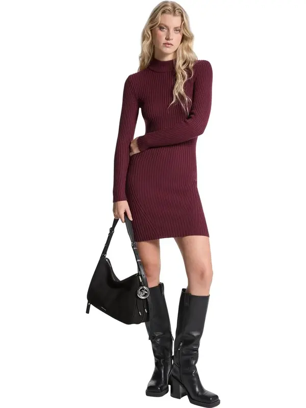 Michael Kors Ribbed Stretch Wool Mock Neck Mini Dress - Red
