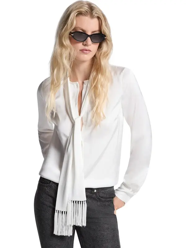 Michael Kors Satin Fringed Tie-neck Blouse - White