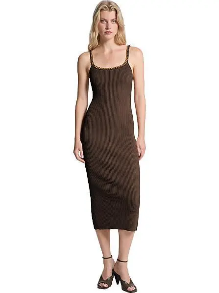 Michael Kors Chain Ribbed Knit Midi Dress - Brown