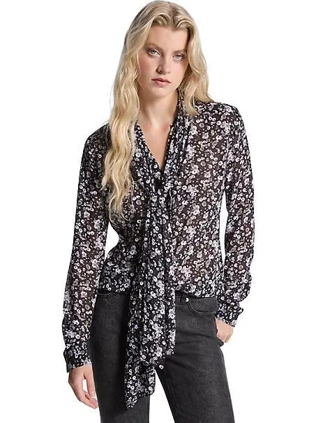 Michael Kors Floral Print Georgette Tie-neck Blouse - Grey
