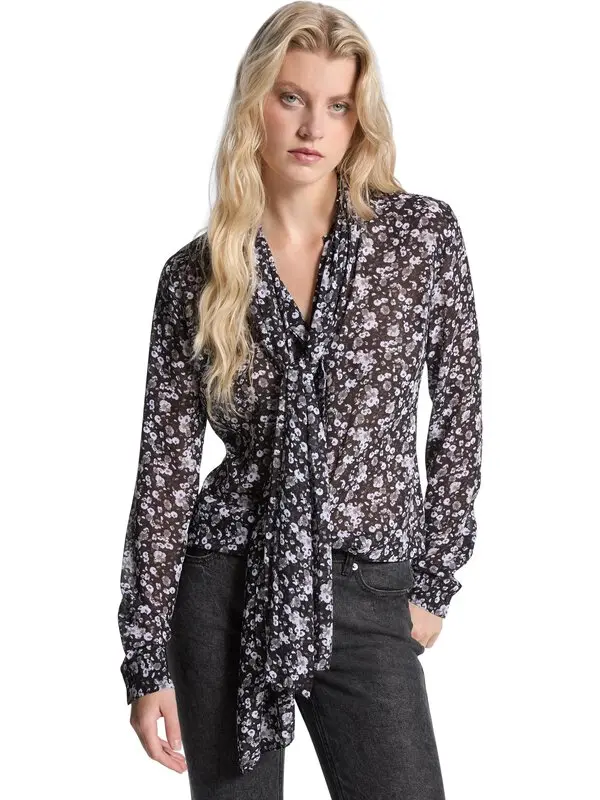 Michael Kors Floral Print Georgette Tie-neck Blouse - Grey