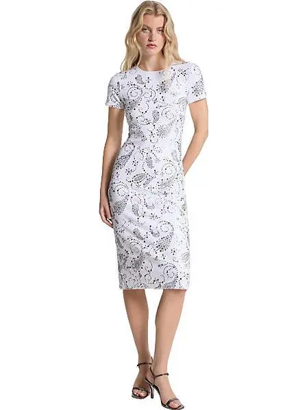 Michael Kors Studded Paisley Scuba Midi Dress - White