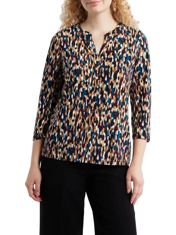 Anne Klein Woodblock Print V-neck Top - Anne Black Multi