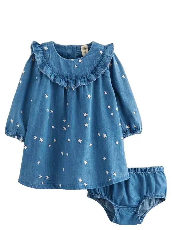 TUCKER + TATE Star Embroidered Denim Dress & Bloomers - Mid Gem Wash- Stars