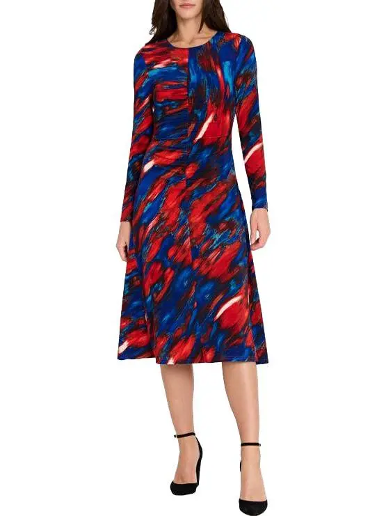 TAHARI ASL Ruched Long Sleeve Dress - Red Blue