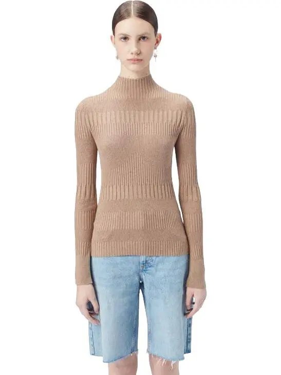 GOBI MONGOLIAN CASHMERE High-neck Ribbed Cotton, Silk, And Cashmere Blend Sweater - Timber Wolf