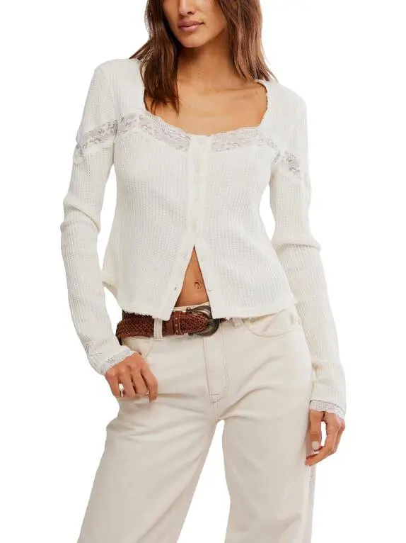 Free People Lace Trim Cotton Waffle Cardigan - Clean Ivory