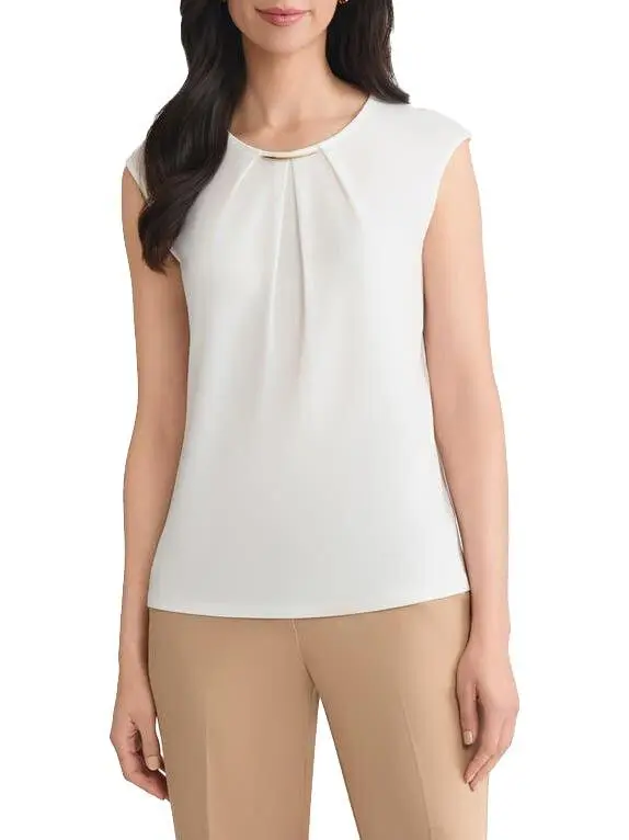 KASPER Metal Accent Gathered Neck Crepe Knit Top - Vanilla Ice