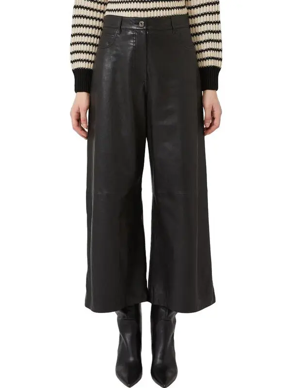 Max Mara Blanc Crop Wide Leg Leather Pants - Black