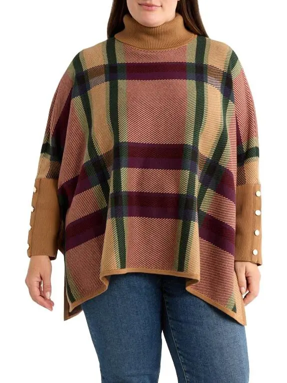 Jones New York Plaid Jacquard Turtleneck Poncho - Caramel Multi