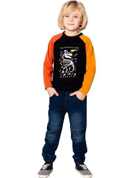 DEUX PAR DEUX Long Sleeve Raglan T-shirt With Glow-in-the-dark Dinosaur - Black