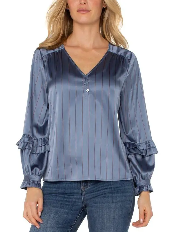 LIVERPOOL Striped Satin Top - Chambray W/rust Pinstripe