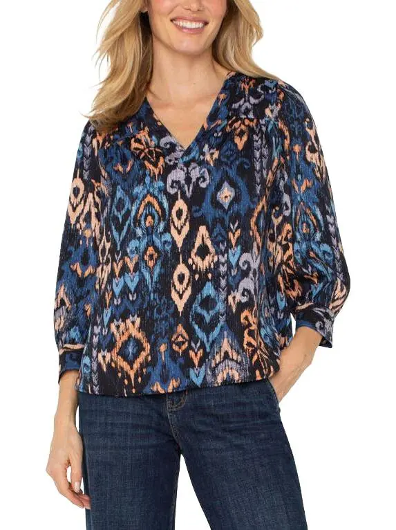 LIVERPOOL Ikat V-neck Top - Blue Multi Ikat