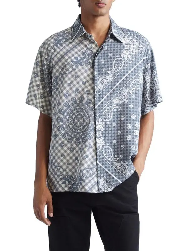 Rhude Split Gingham & Bandana Print Short Sleeve Button-up Shirt - Black/white 3028