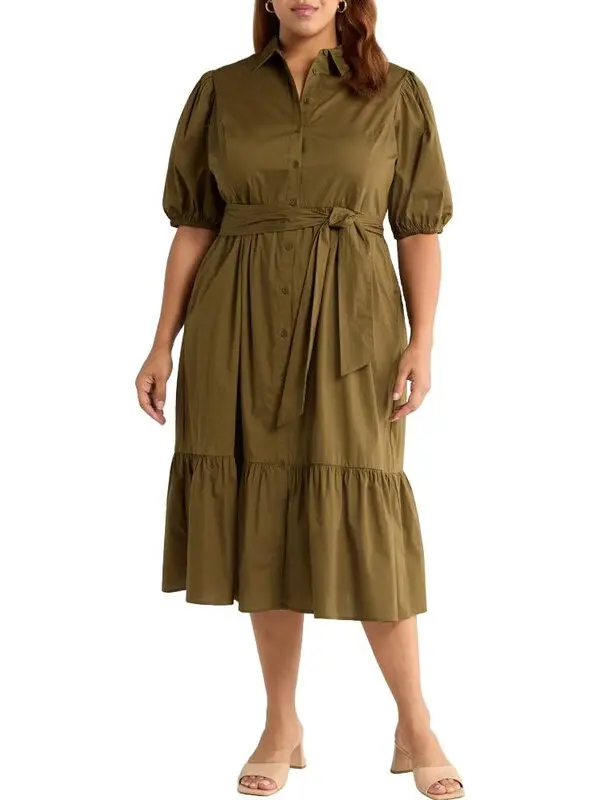Caslon Ruffle Hem Stretch Cotton Shirtdress - Olive Dark