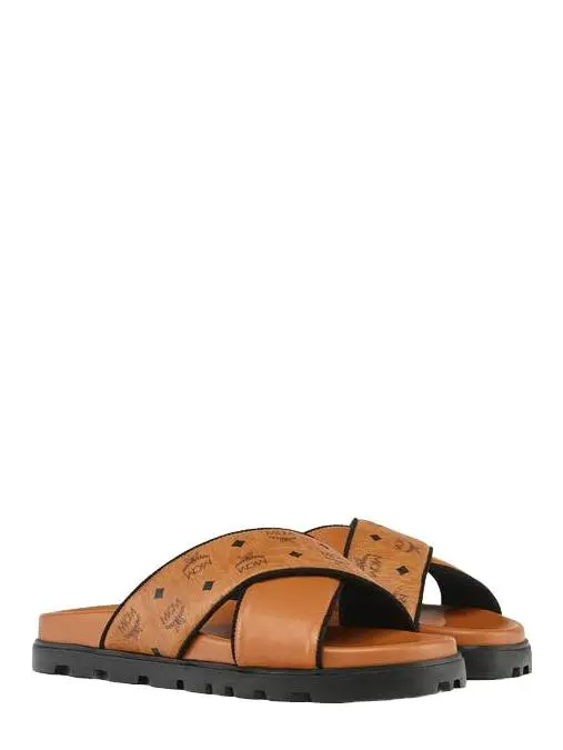 Mcm Visetos Leather Mix Cross Sandals - Cognac