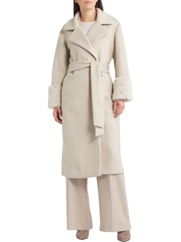 Anne Klein Belted Faux-fur-cuff Coat - Soft Birch Melange
