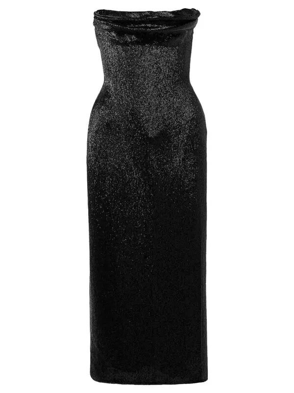 WIEDERHOEFT Ivy Draped Strapless Beaded Tulle Midi Dress - Black