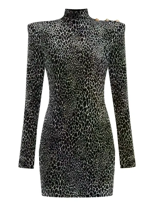 Balmain Animal-print Dress With Padded Shoulders - Black