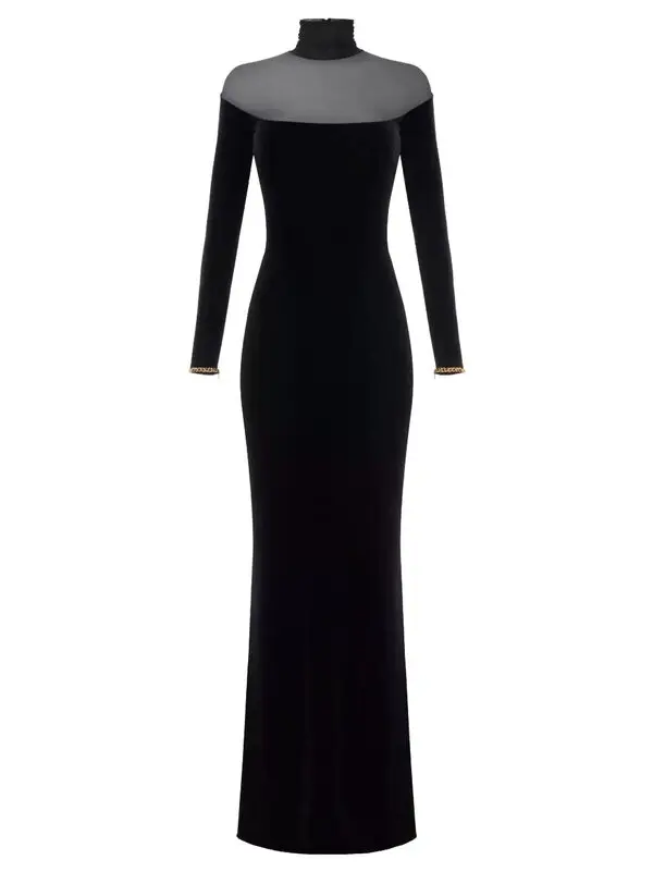 Elisabetta Franchi Velvet Maxi Dress With Mesh Inserts - Black