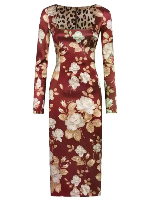 Dolce & Gabbana Rose-print Square-neck Midi Dress - Brown