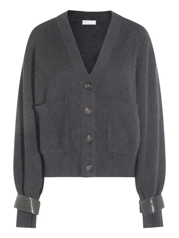 Brunello Cucinelli Embellished Ribbed Cardigan - Grey