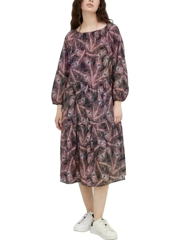 DRYKORN Peacock Feather Print Midi Day Dress - Purple
