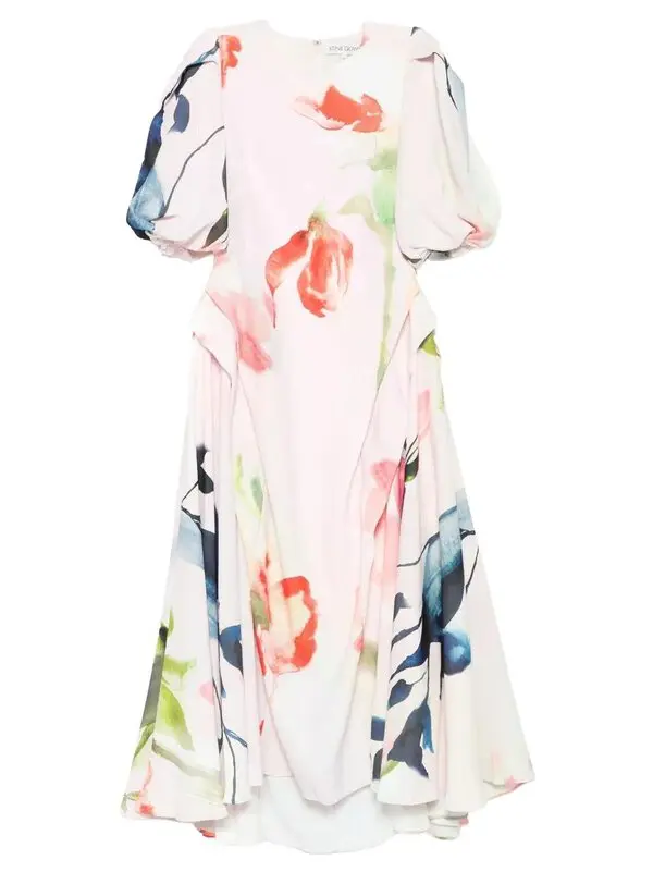 Stine Goya Floral-print Midi Dress With Puff Sleeves - Pink
