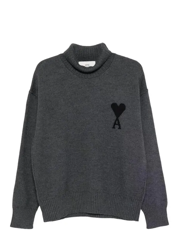 Ami Heart Logo Turtleneck Sweater - Grey