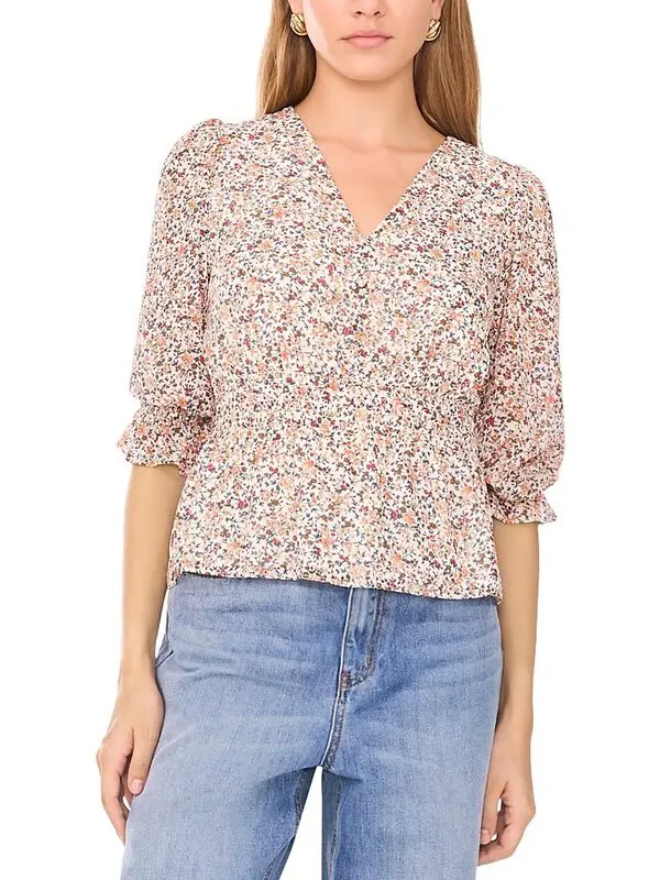 1.State Floral Print Smocked Waist Top - Vanilla Ice