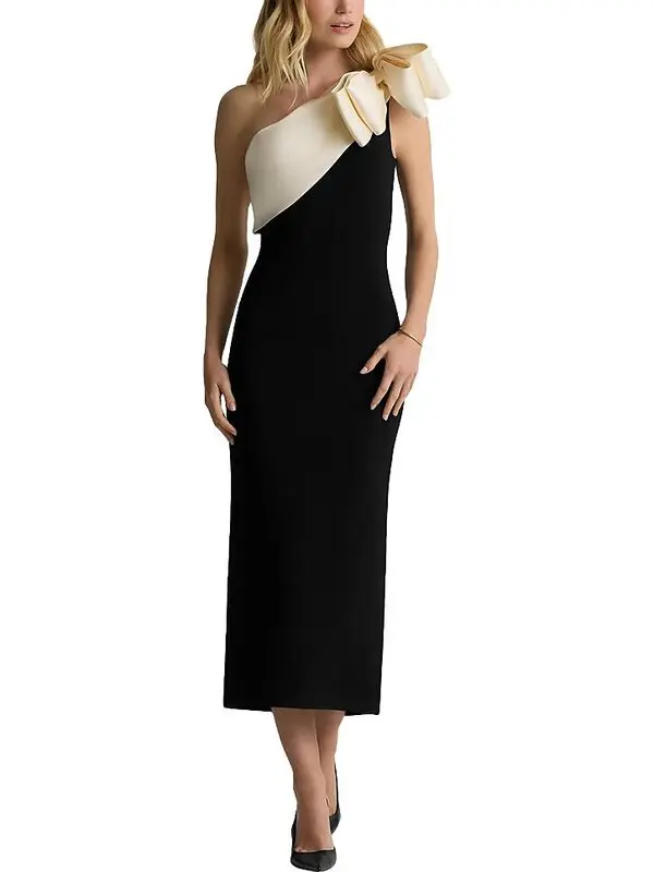 St. John Evening Knit Mixed Media Dress - Black/ecru