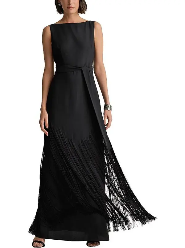 St. John Fringed Satin Gown - Black