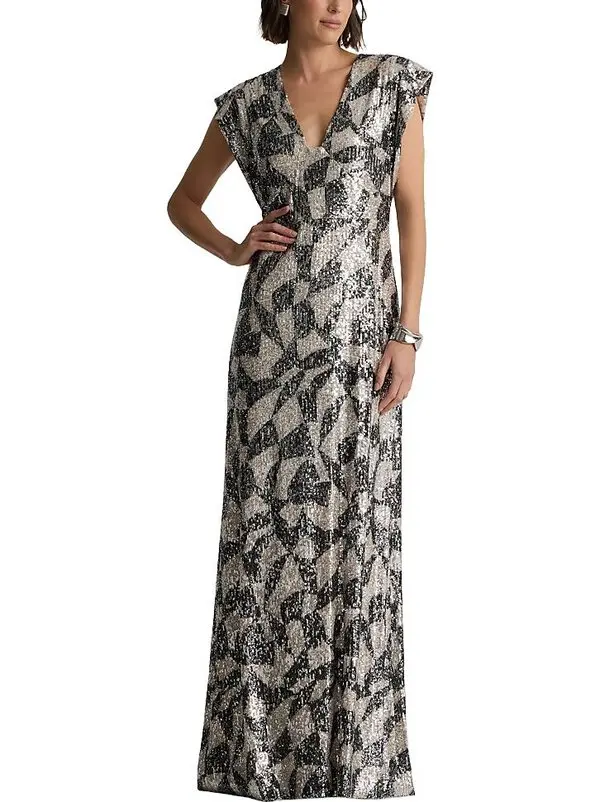 St. John Cubist Geo Stretch Paillette Gown - Ecru/black Multi
