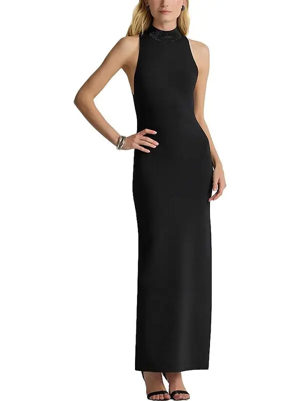 St. John Evening Cutout Knit Mock Neck Gown - Black