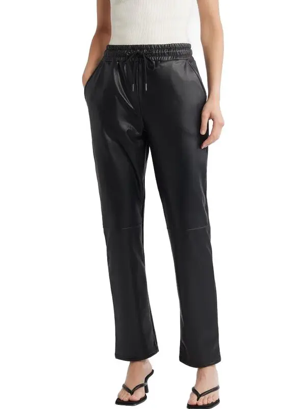 Hue Faux Leather Wide-leg Drawstring Pants - Black