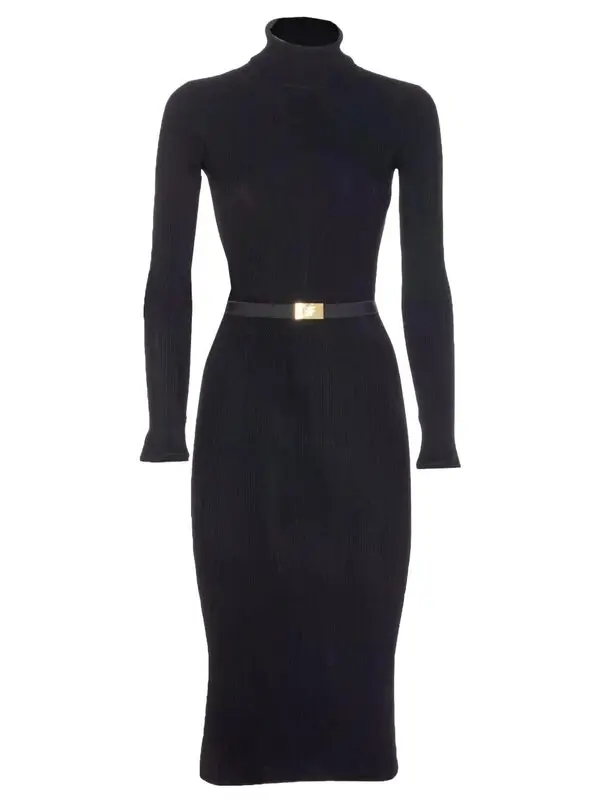 Elisabetta Franchi Ribbed High-neck Belted Midi Dress - Black