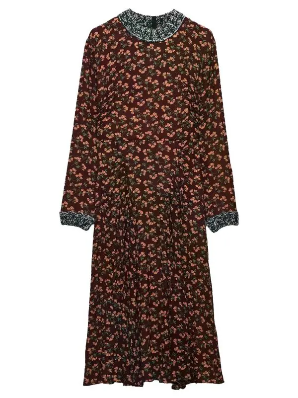 Prada Floral-print Pleated Knit-trim Midi Dress - Brown