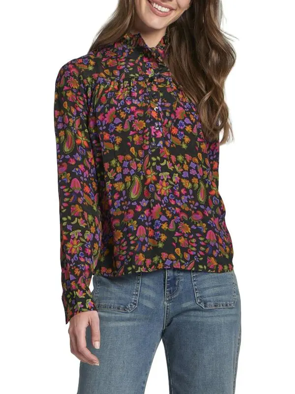 APNY Ruffle Half-placket Shirt - Pink-black Floral Multi