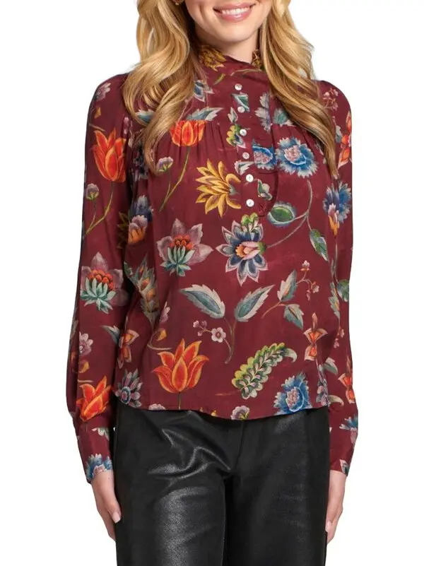 APNY Ruffle Half-placket Shirt - Wine Multi