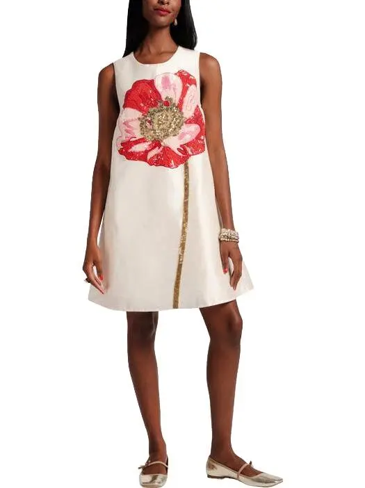 FRANCES VALENTINE Alice Shift Dress With Sequin Flower - Oyster/multi