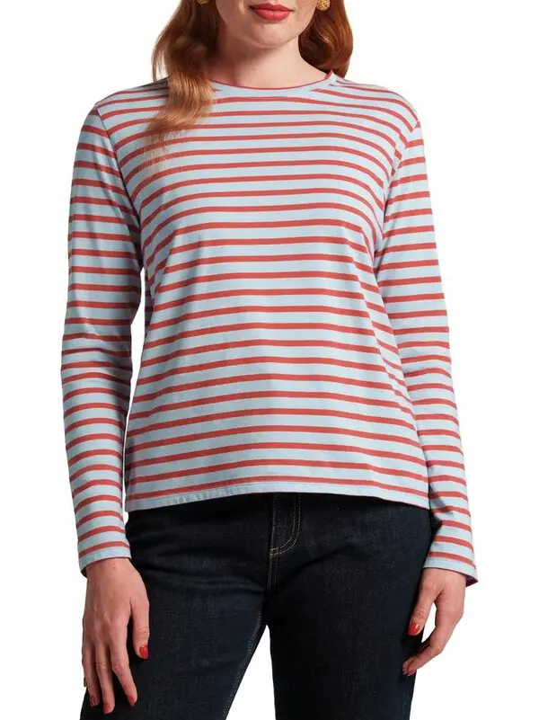 FRANCES VALENTINE Long Sleeve Striped Tee Shirt - Light Blue/red