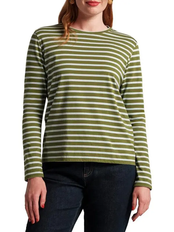 FRANCES VALENTINE Long Sleeve Striped Tee Shirt - Olive/light Blue