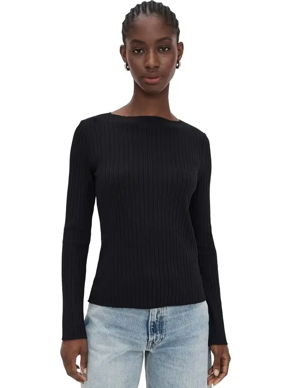 Vince Ribbed Slash Neck Shirt - Black