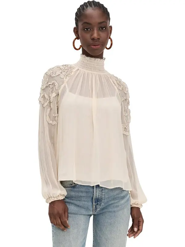 Ulla Johnson Magdalena Silk Smocked Long Sleeve Blouse - Chantilly