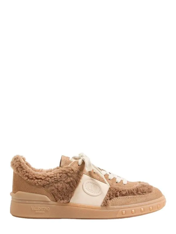 Valentino Garavani Upvillage Trainer In Shearling-effect Wool And Crust Leather - Camel/glace