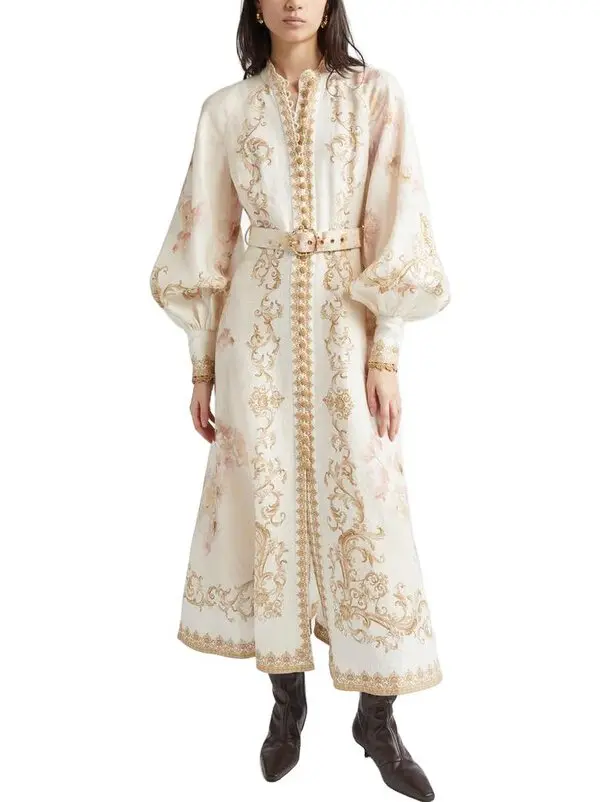 Zimmermann Hypnotic Long Sleeve Belted Linen Maxi Dress - Cream Peony