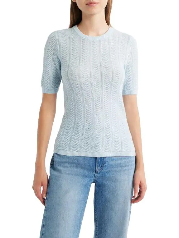 Rag & Bone Francesca Pointelle Short Sleeve Merino Wool Sweater - Sky Blue