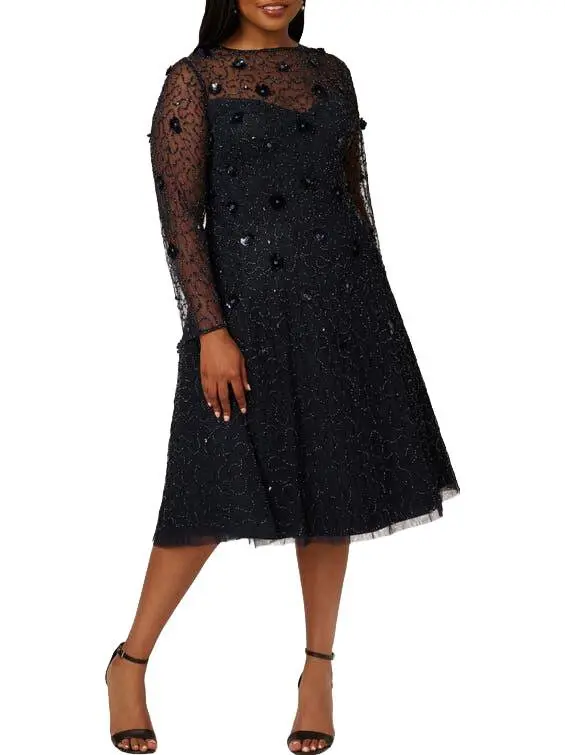 Adrianna Papell 3d Floral Beaded Long Sleeve Illusion Cocktail Dress - Midnight