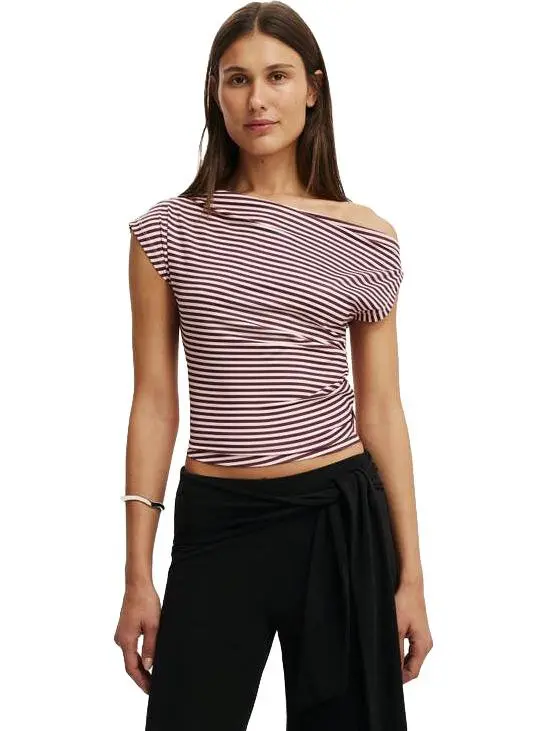 COTTON ON Georgie Off Shoulder Short Sleeve - Madi Stripe Cherrywood